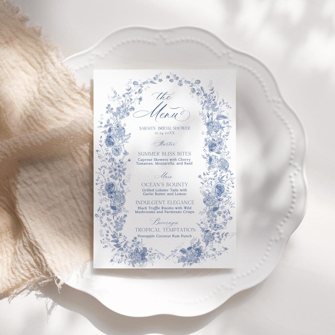Blue Menu Cards Editable Template, Minimalist Wedding Menu Template ...