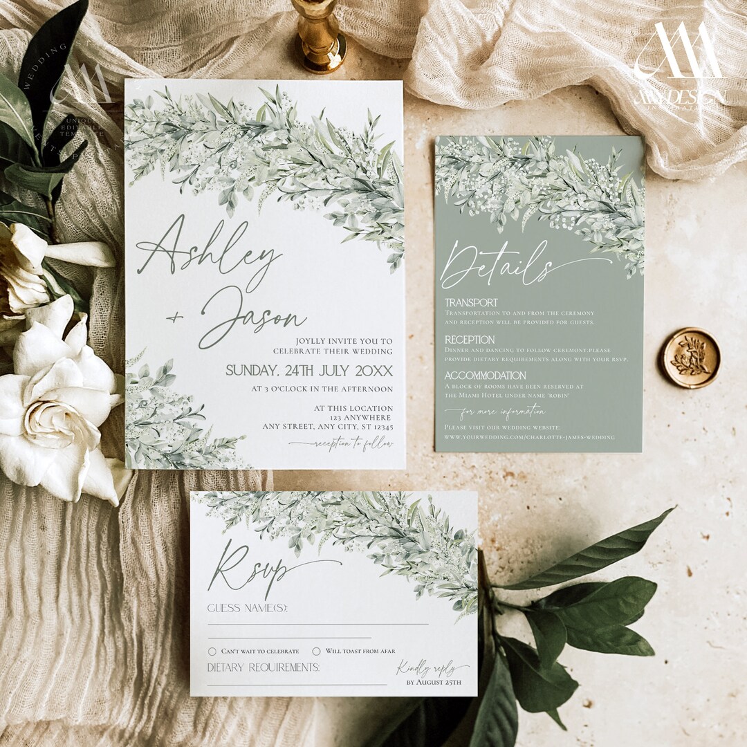 Greenery Wedding Invitation Suite Template Editable, Sage Green Wedding ...