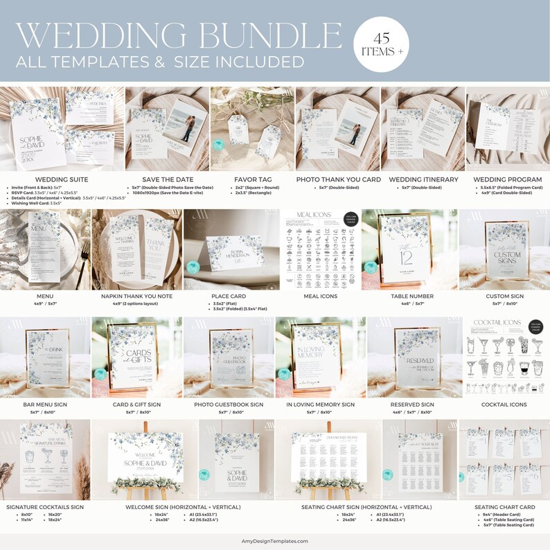 Blue Wildflower Wedding Invitation Template Bundle (editable) D005 - Etsy