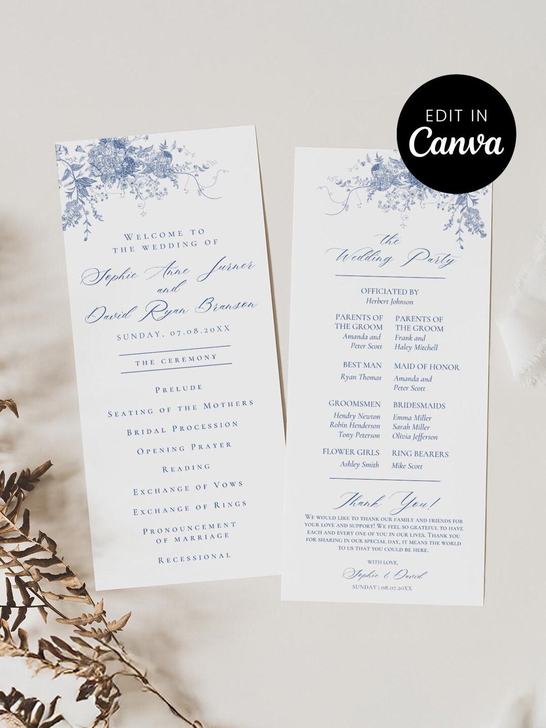 French Toile Wedding Program Template Monogram, Blue Toile De Jouy ...