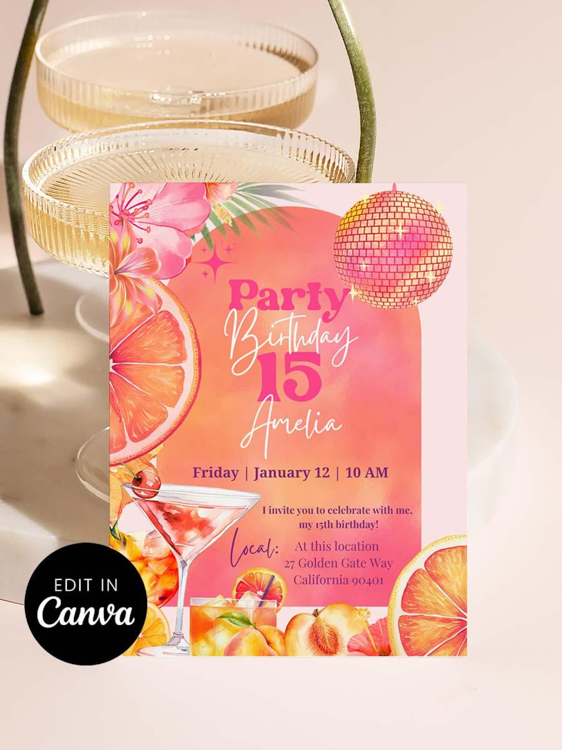 Tropical Disco Birthday Invitation Canva, Hibiscus Flowers Summer ...