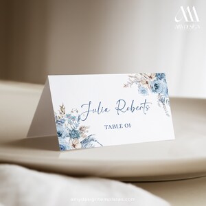 Blue Menu Template, Editable Dusty Blue Wedding Menu Place Card, Desert ...