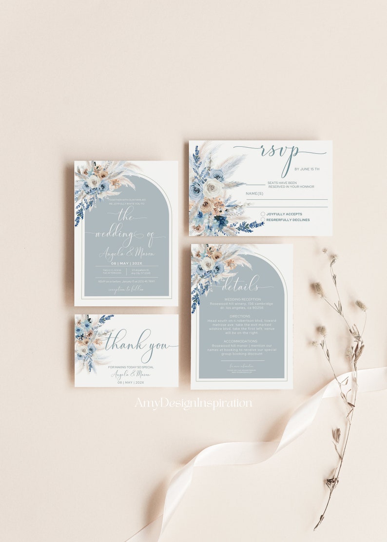 Blue Wedding Invitation Suite Template Dusty Blue Wedding - Etsy