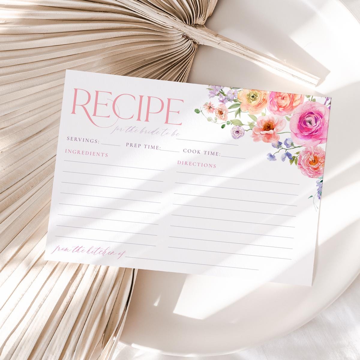 Floral Recipe Card Template: Bridal Shower Kitchen Card (digital ...