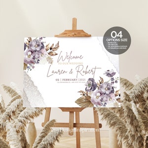 Purple Flowers Wedding Welcome Sign, Printable Violet Welcome Sign ...