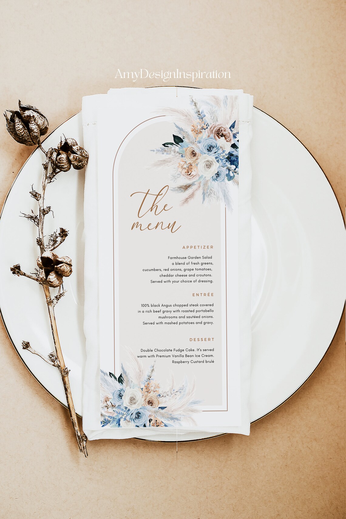 Blue Menu Card Template Editable Boho Wedding Menu Template - Etsy