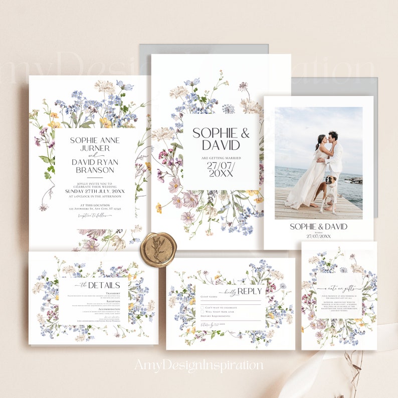 Wildflower Wedding Invitation Suite Template Botanical - Etsy