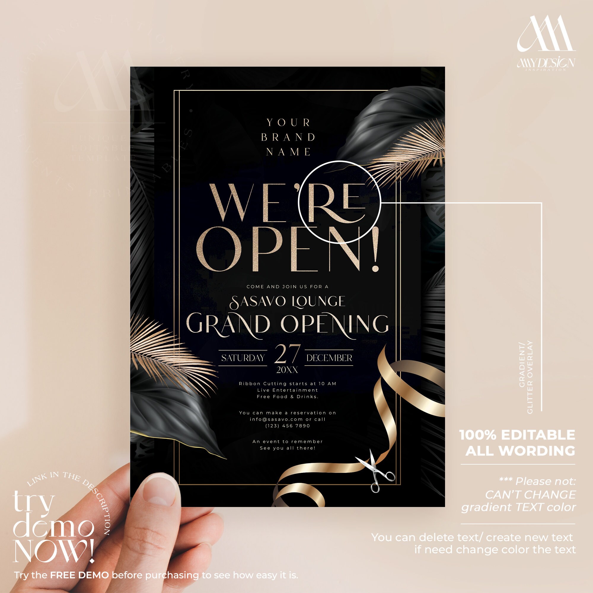 Black and Gold Grand Opening Invitation Editable Template - Etsy Canada