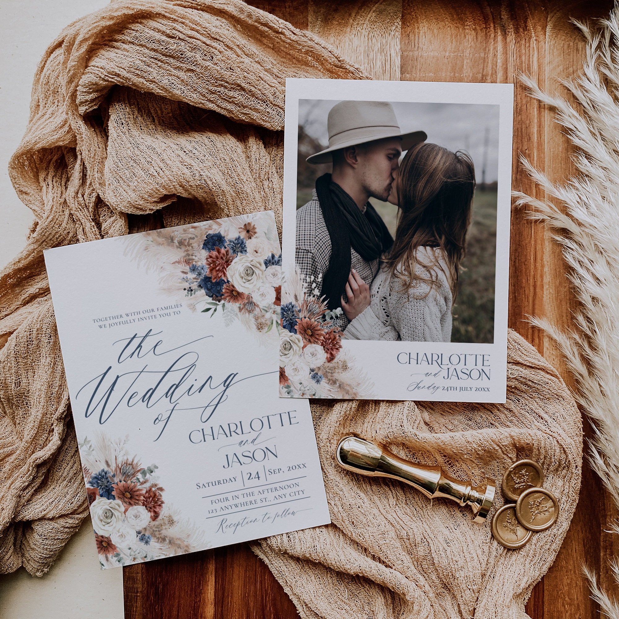 Navy Rust Boho Wedding Invitation Template: Editable Bundle (digital ...
