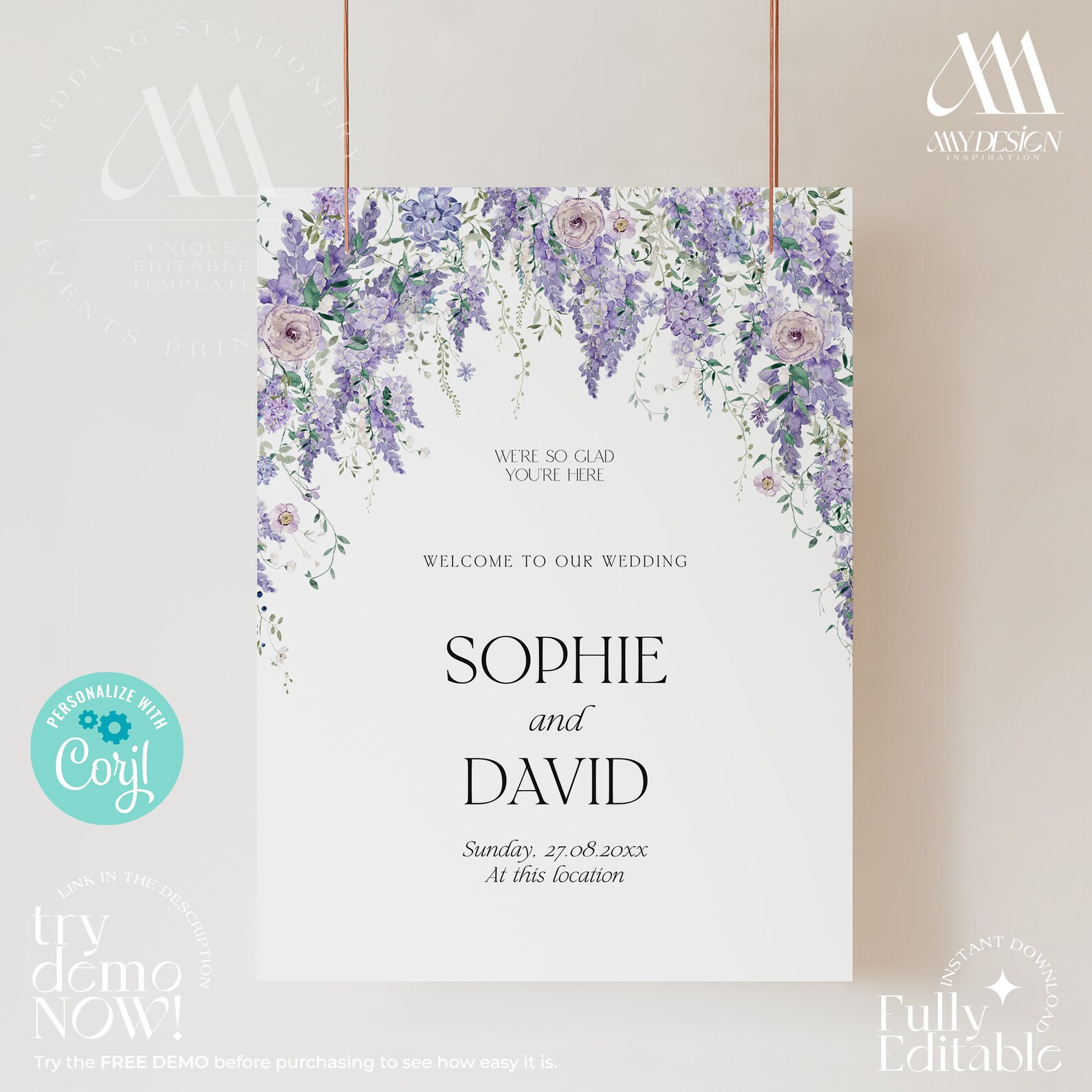 Purple Wisteria Wedding Welcome Sign Template, Welcome to Our Wedding ...