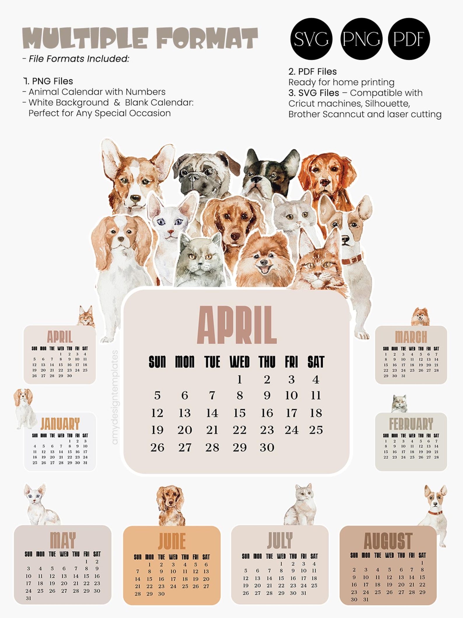 2026 Animal Calendar Printable - Cute Dog and Cat Monthly Planner ...
