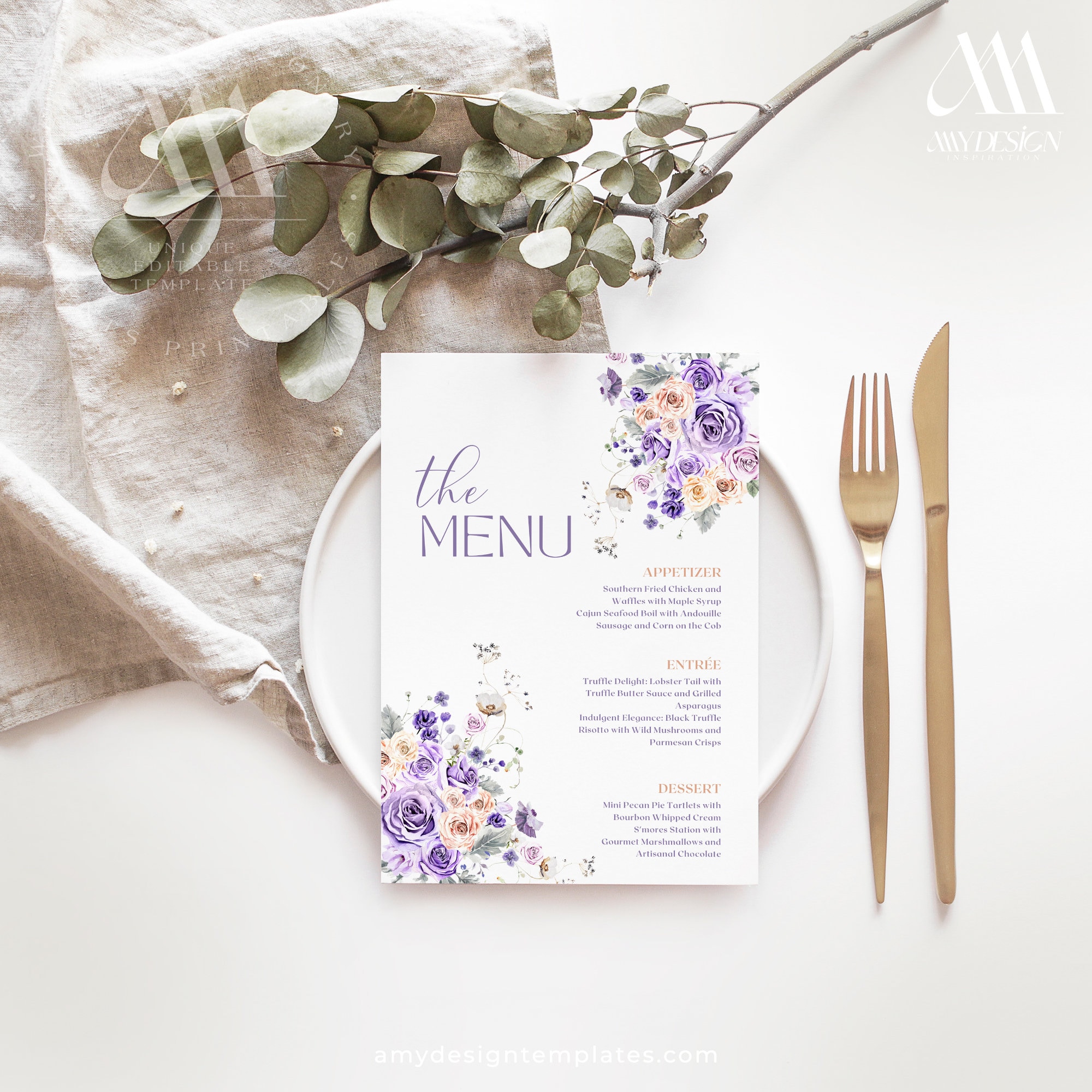 Floral Purple Menu Template: Wedding, Bridal, Baby Shower (canva ...