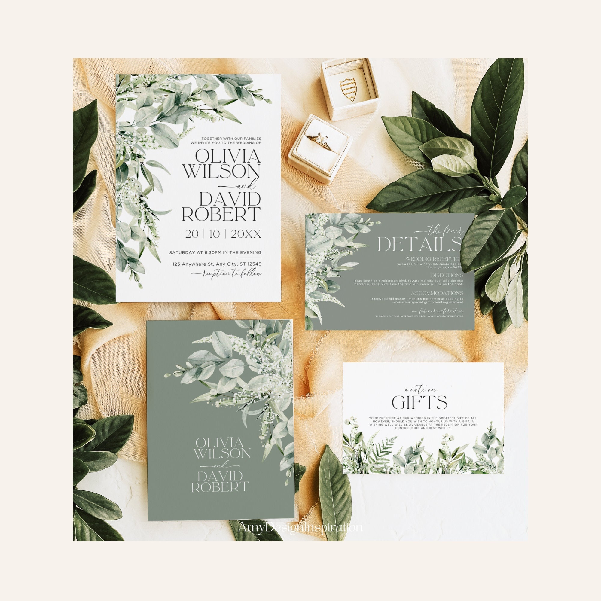 Sage Green Wedding Invitation Suite Template Minimalist - Etsy