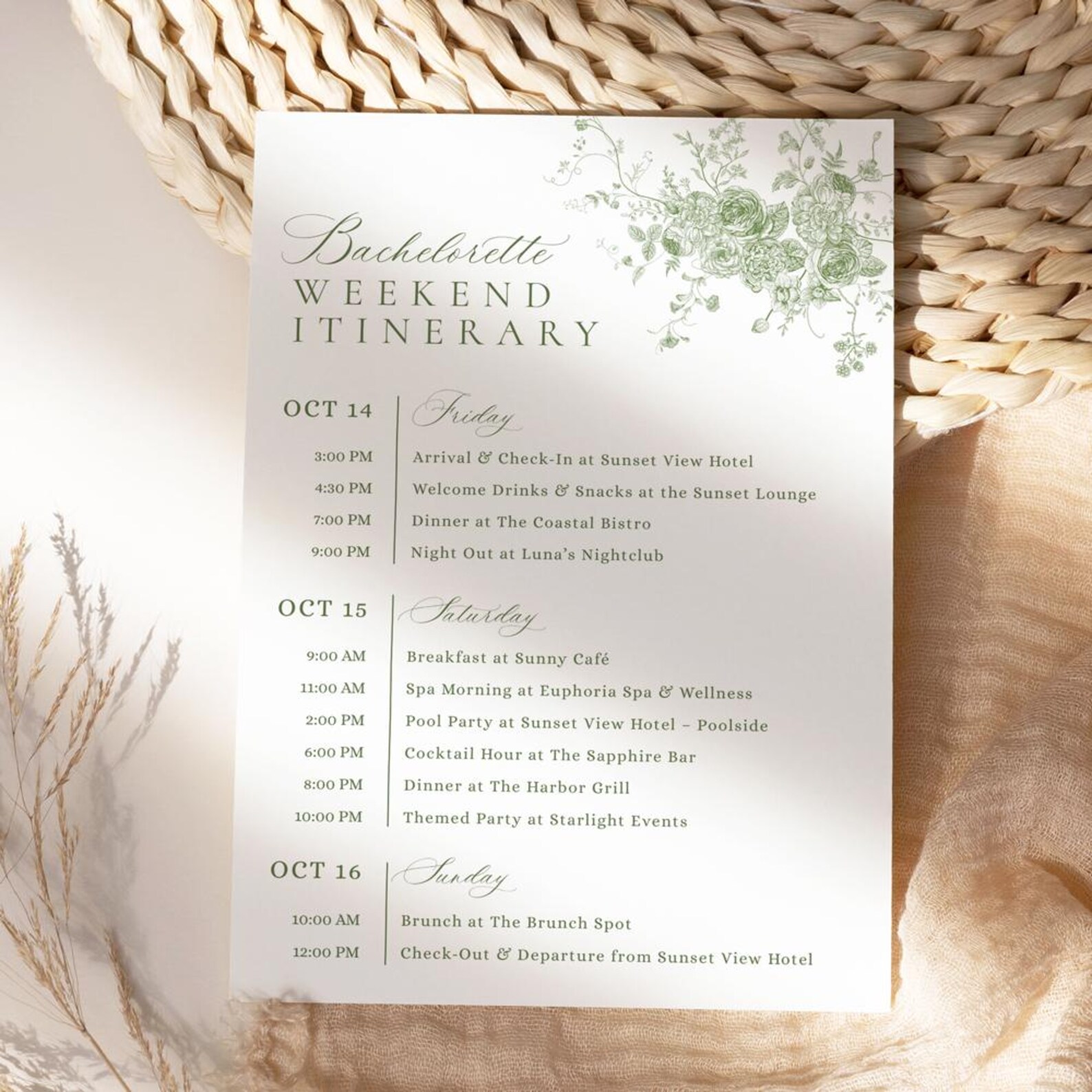 Greenery Bachelorette Itinerary Template: Weekend Schedule (digital ...