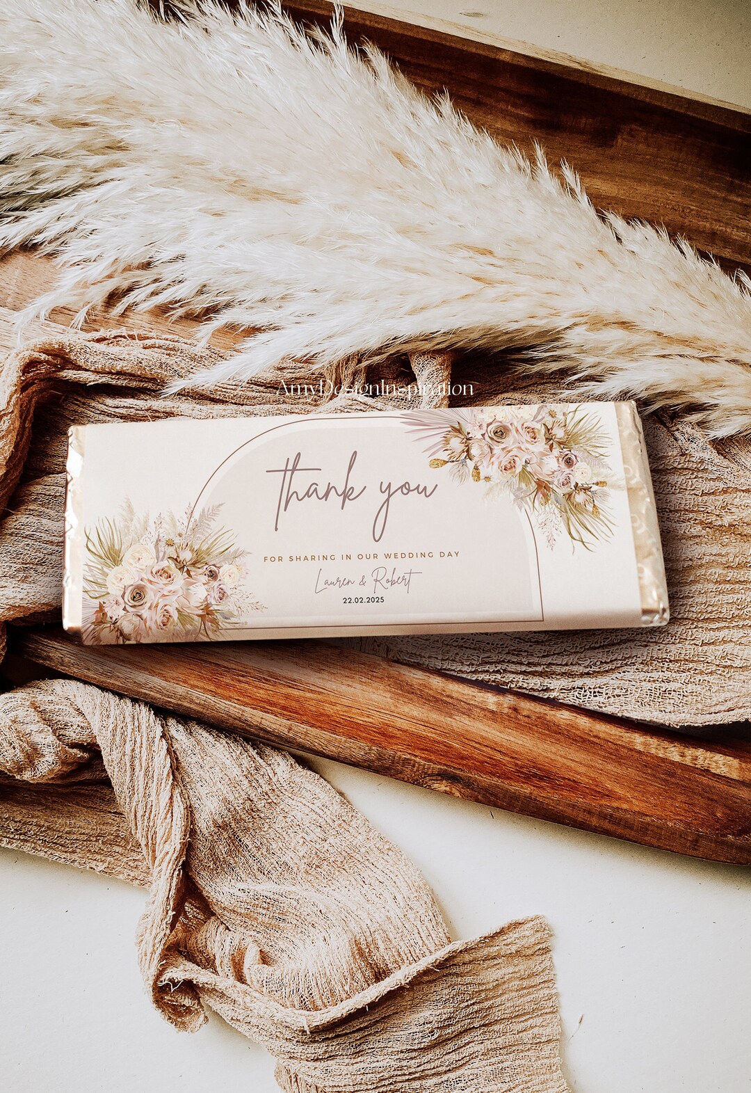 Boho Wedding Chocolate Wrapper Template, Printable Boho Pampas Grass ...
