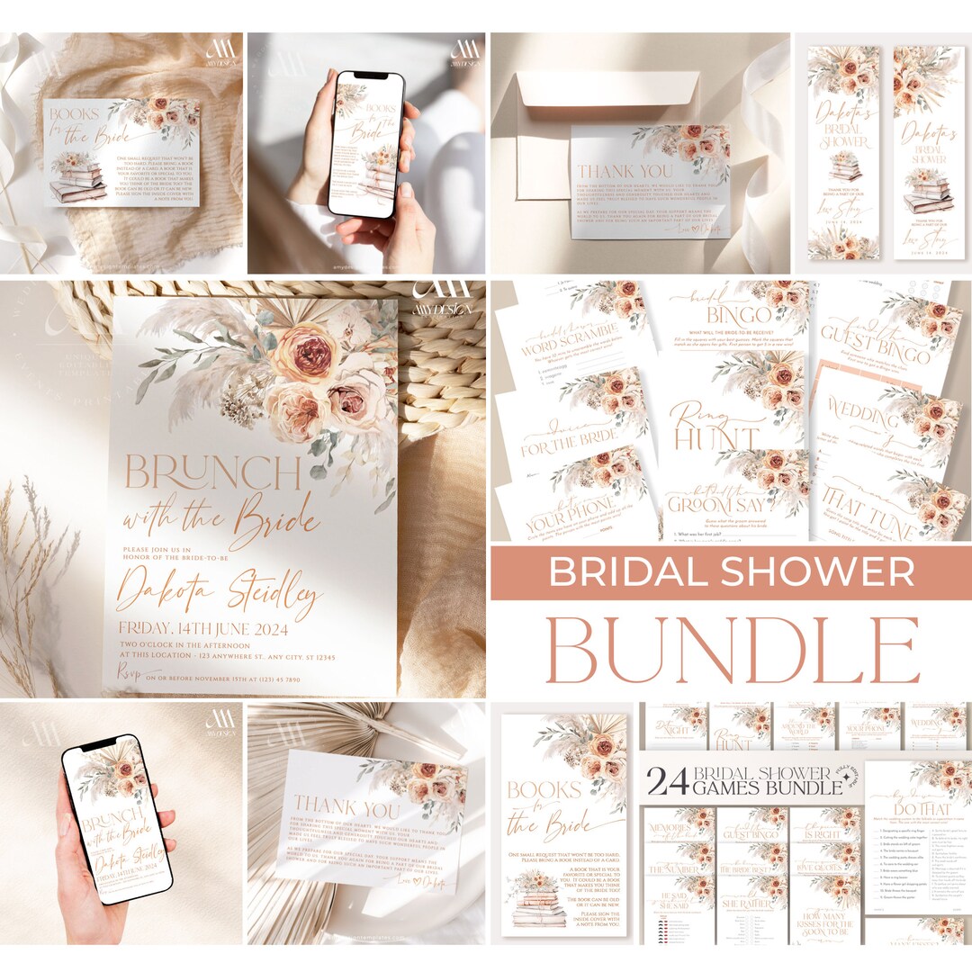Boho Bridal Shower Invitation Bundle: Burnt Orange Floral Design B013 ...