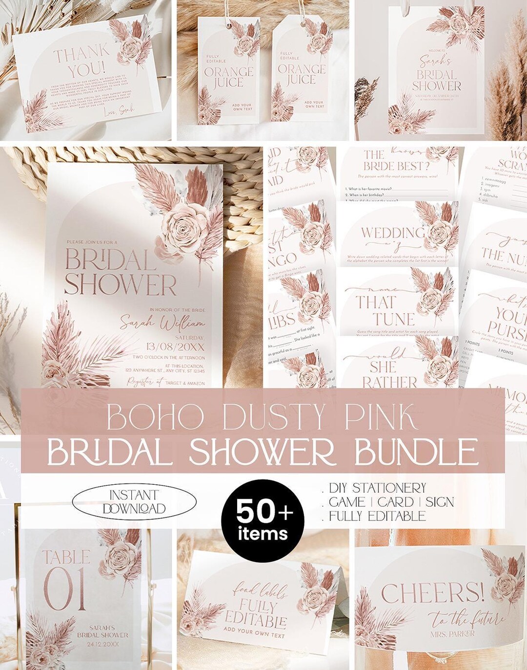 Dusty Pink Boho Bridal Shower Invitation Bundle: 24 Games & Signs ...