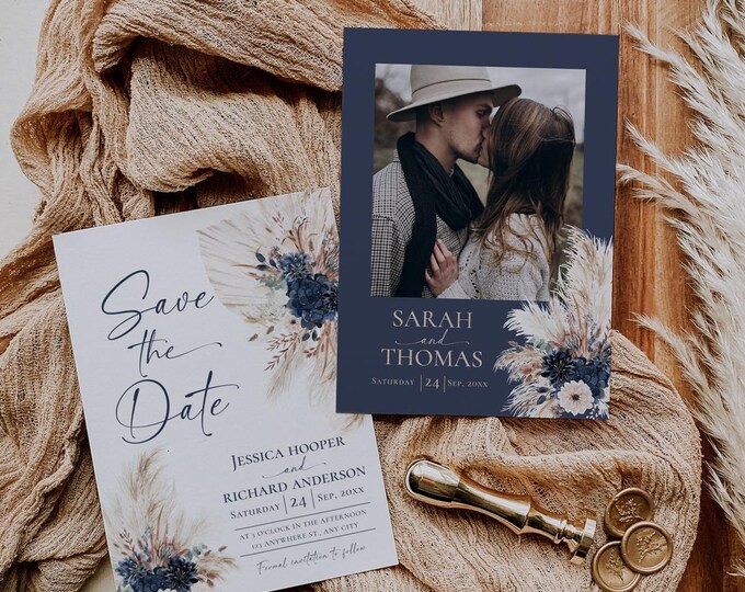 Boho Navy Wedding Save the Date Card With Photo (digital Download) E108 ...