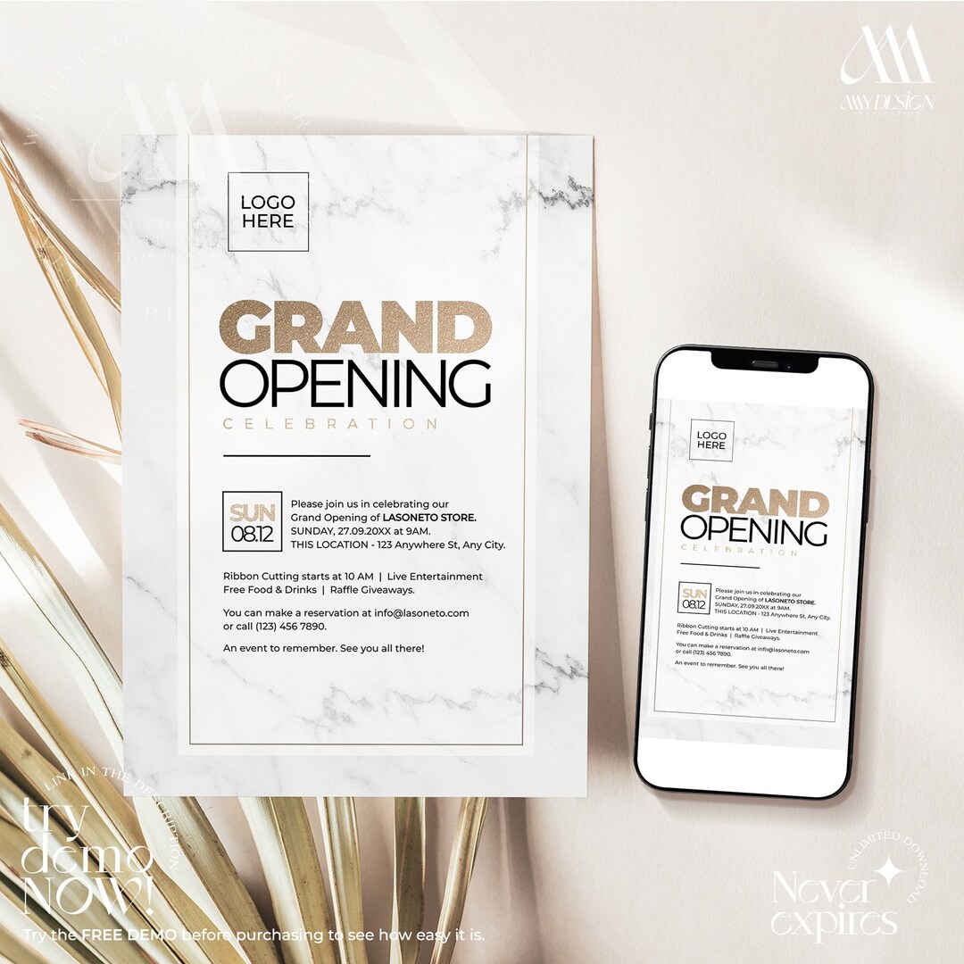 Minimalist Modern Grand Opening Invitation Editable Template, Launch ...