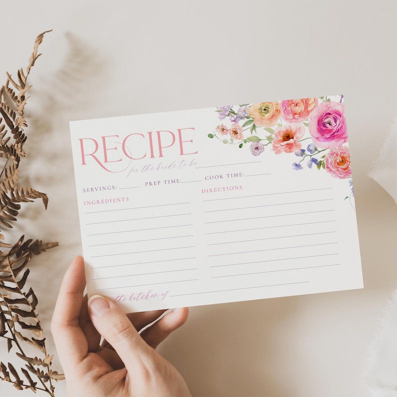 Floral Recipe Card Template: Bridal Shower Kitchen Card (digital ...