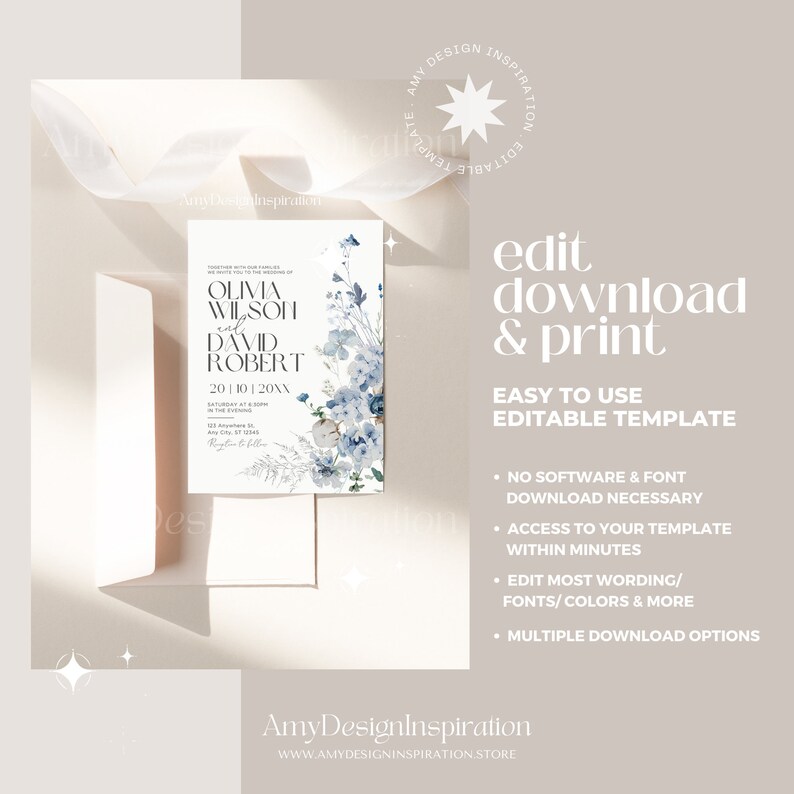 Blue Wildflower Wedding Invitation Suite: Editable Template (digital ...