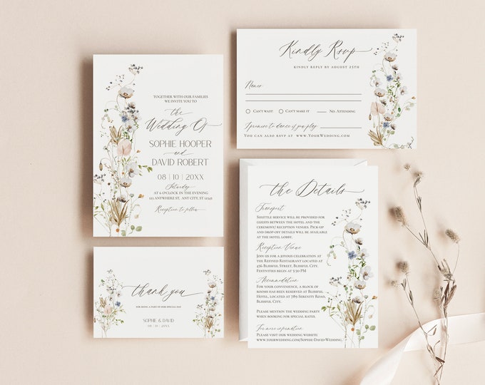 Printable Floral Wedding Invitation Template Bundle, White Flower ...