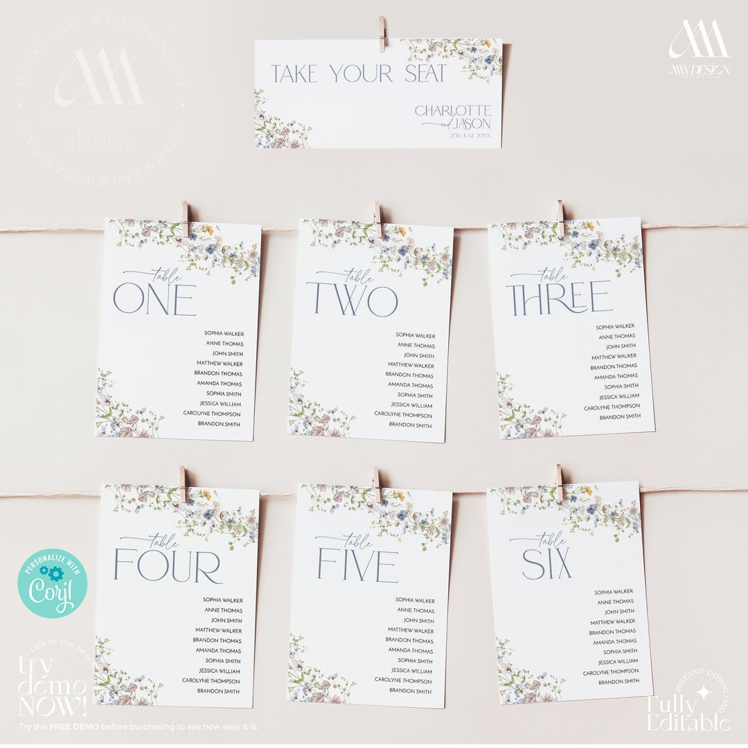 Wildflower Wedding Table Seating Chart Template, Modern Seating Chart ...