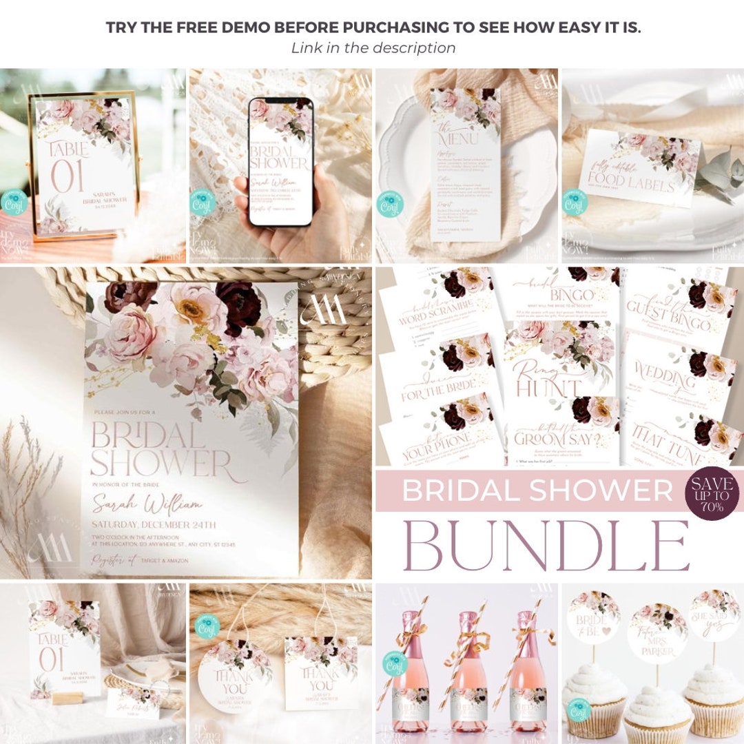 Pink Bridal Shower Bundle, Blush Bridal Shower Invitation Template ...