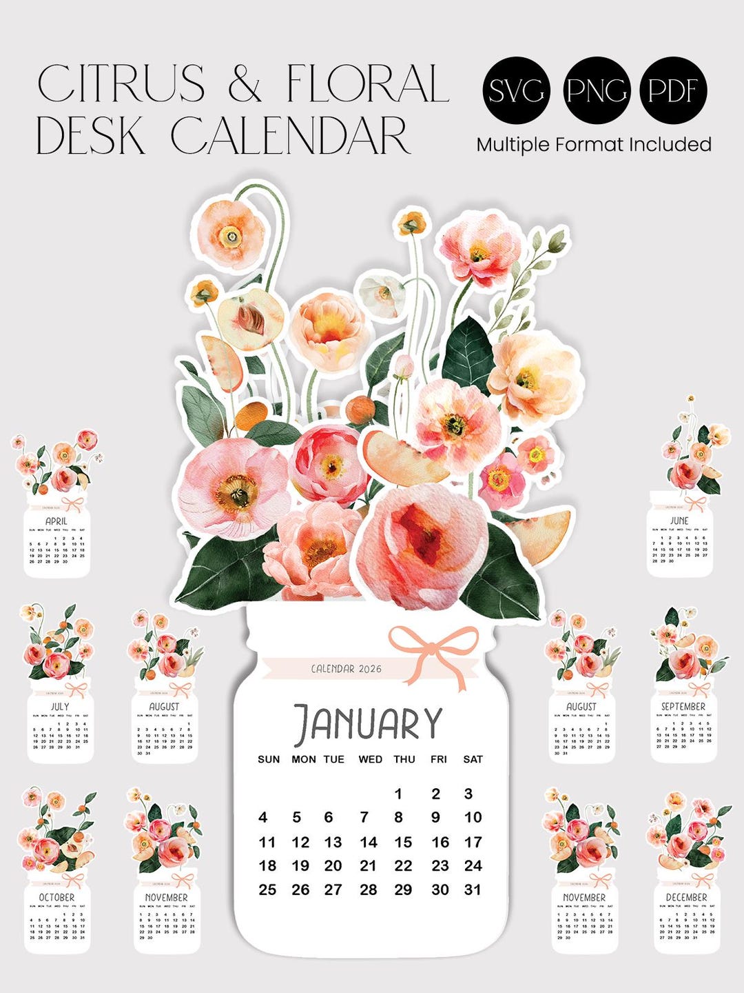 Citrus Floral 2026 Desk Calendar Printable, Monthly Planner, Watercolor ...