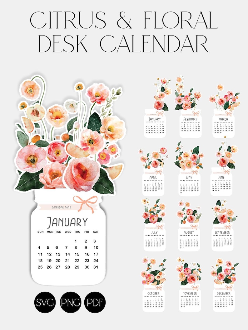 Citrus Floral 2026 Desk Calendar Printable, Monthly Planner, Watercolor ...