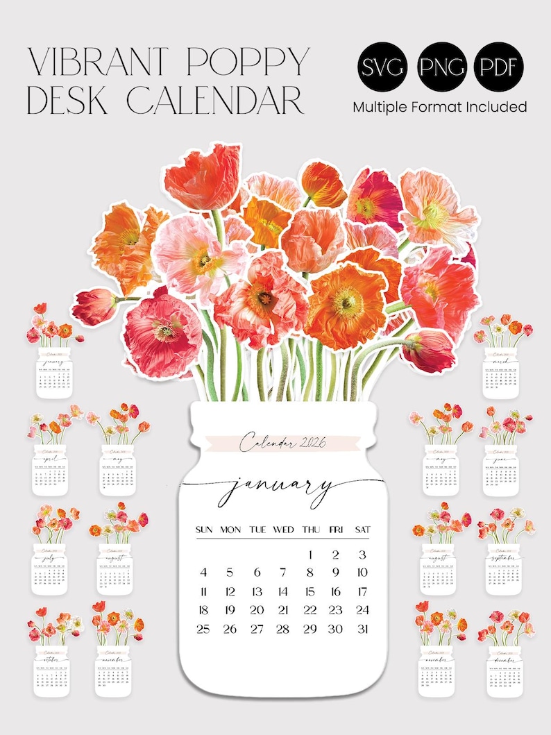 2026 Printable Poppy Desk Calendar SVG/PNG/PDF | Vibrant Red Orange ...