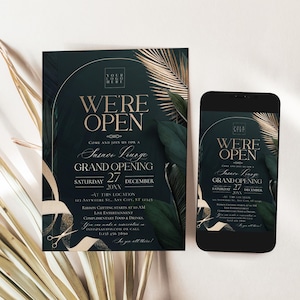 Greenery Golden Grand Opening Invitation Template Editable Emerald ...