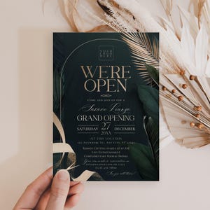 Greenery Golden Grand Opening Invitation Template Editable Emerald ...