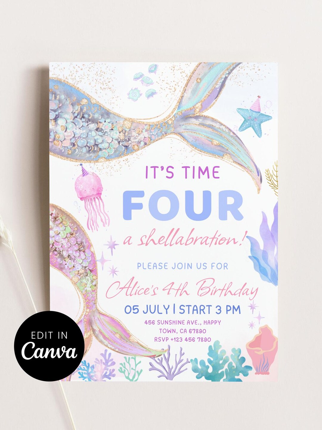 Girl Mermaids Birthday Party Invitation Canva Template, Let's ...