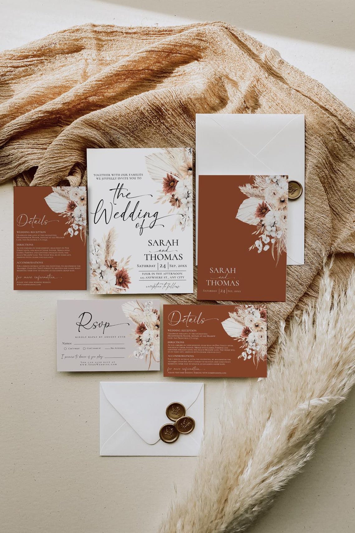 Boho Rust Wedding Invitation Template: Bohemian Fall Invite (digital ...