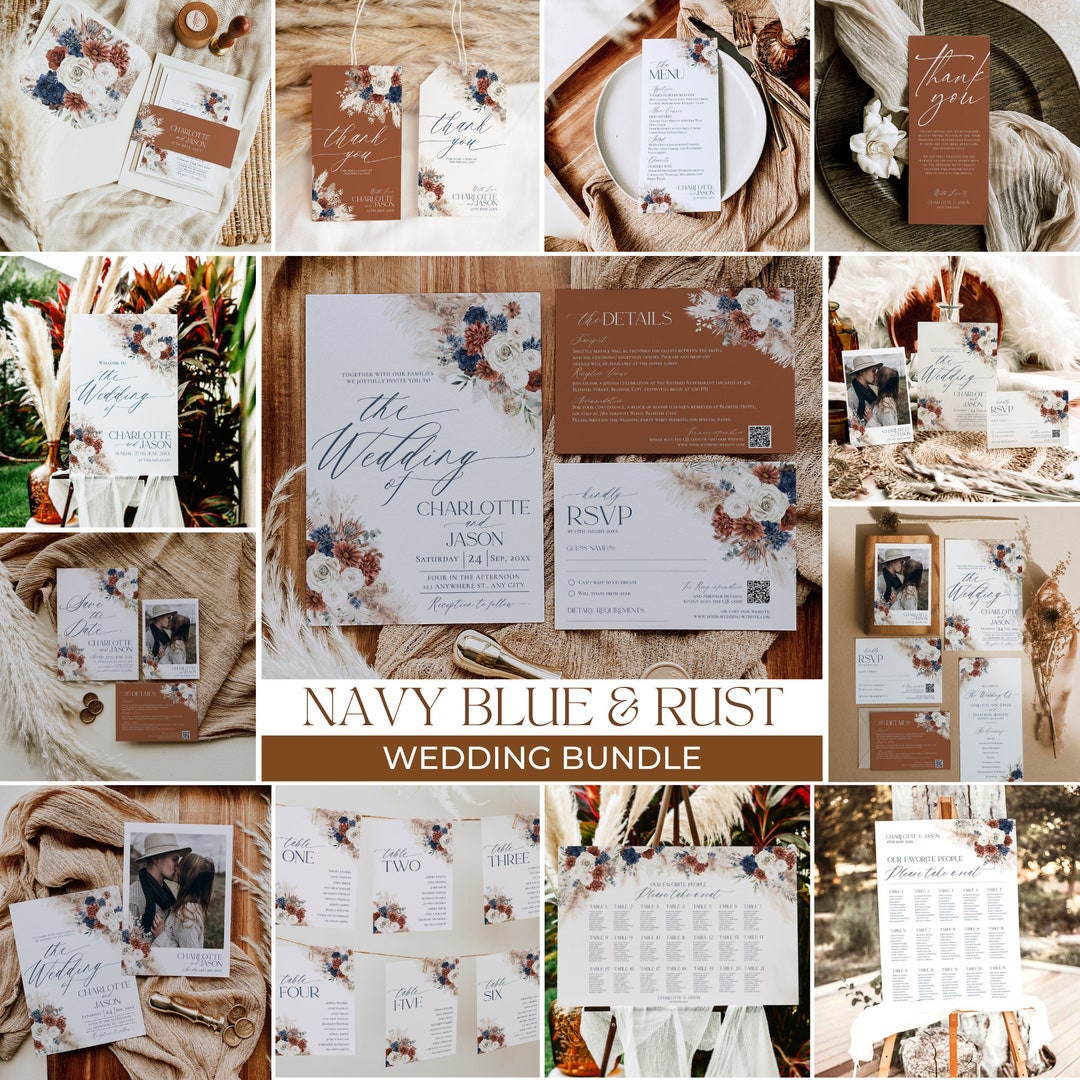 Navy Blue Rust Wedding Invitation Template: Boho Terracotta Set ...