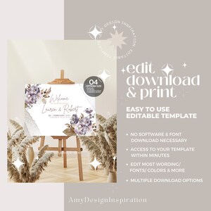 Purple Flowers Wedding Welcome Sign, Printable Violet Welcome Sign ...