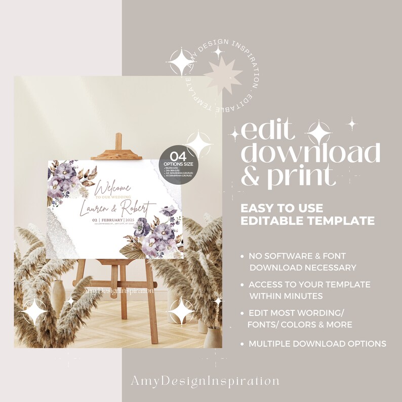 Purple Flowers Wedding Welcome Sign Printable Violet Welcome - Etsy