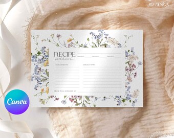 Colorful Floral Recipe Card Template Wildflower Bridal Shower - Etsy