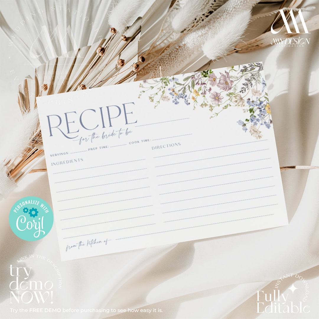 Wildflower Bridal Shower Recipe Card Template (digital Download) B031 ...