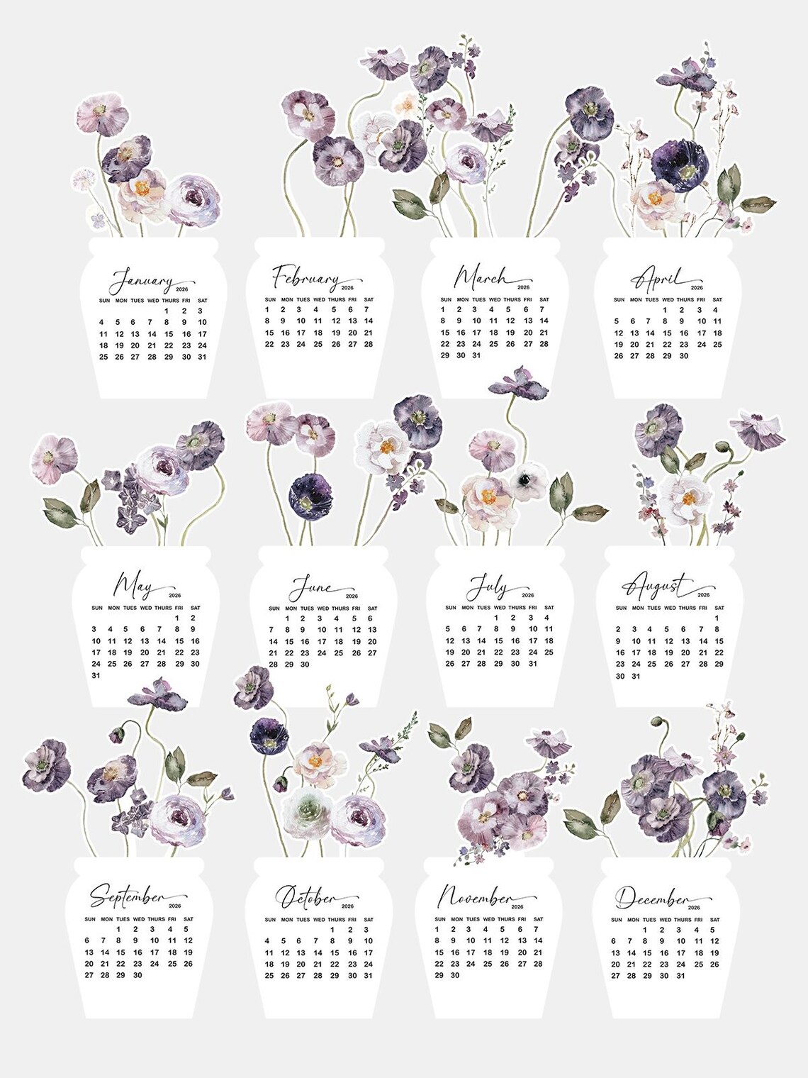 Printable Flowers Desk Calendar 2026 | Purple Floral Calendar 2026 ...