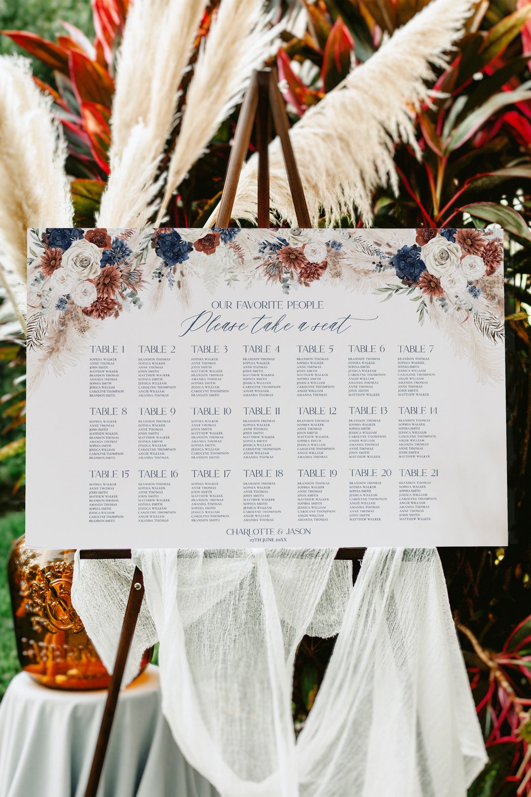 Boho Navy Blue Seating Chart, Find Your Seat Sign Template, Terracotta ...