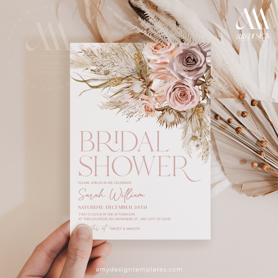 Dusty Roses Boho Bridal Shower Invitations Template, Bohemian Shower ...