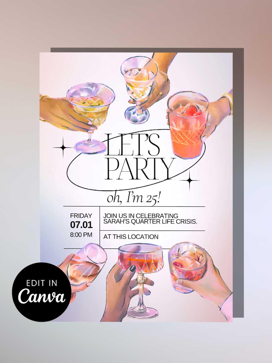 Modern Party Birthday Invitation Template Canva | Cheers Cocktails ...