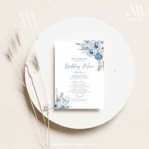 Blue Menu Template, Editable Dusty Blue Wedding Menu Place Card, Desert ...
