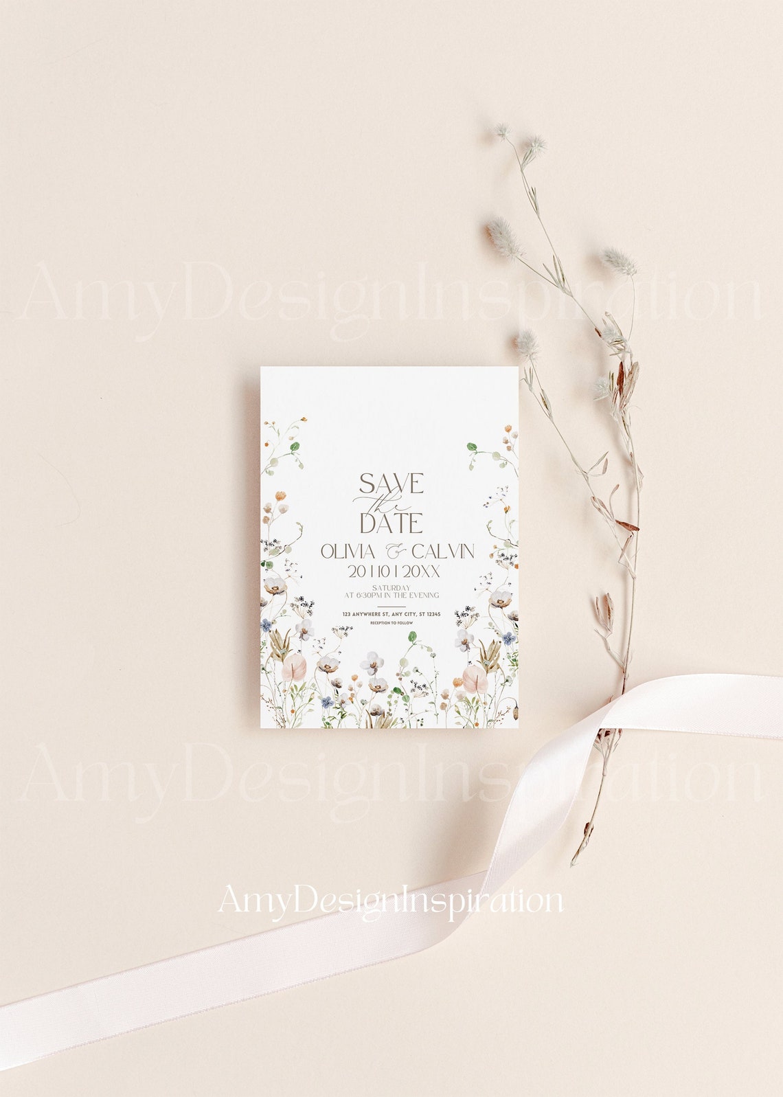 Wildflower Save the Date Card Template Botanical Save the - Etsy