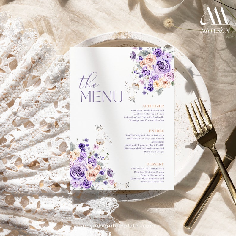Floral Purple Menu Template: Wedding, Bridal, Baby Shower (canva ...