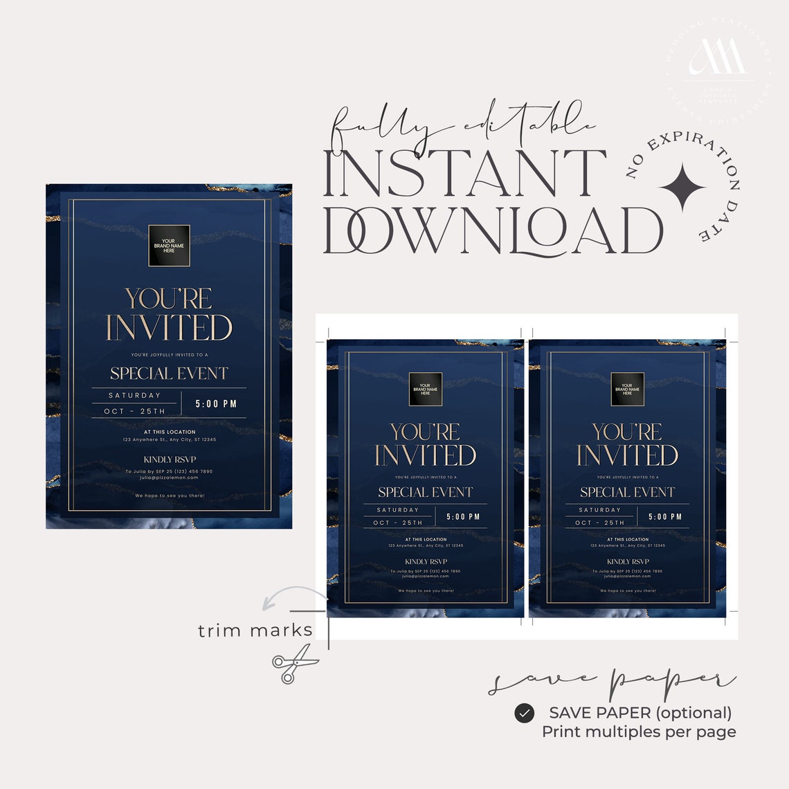Modern Corporate Party Invitation: Navy & Gold Editable Template ...