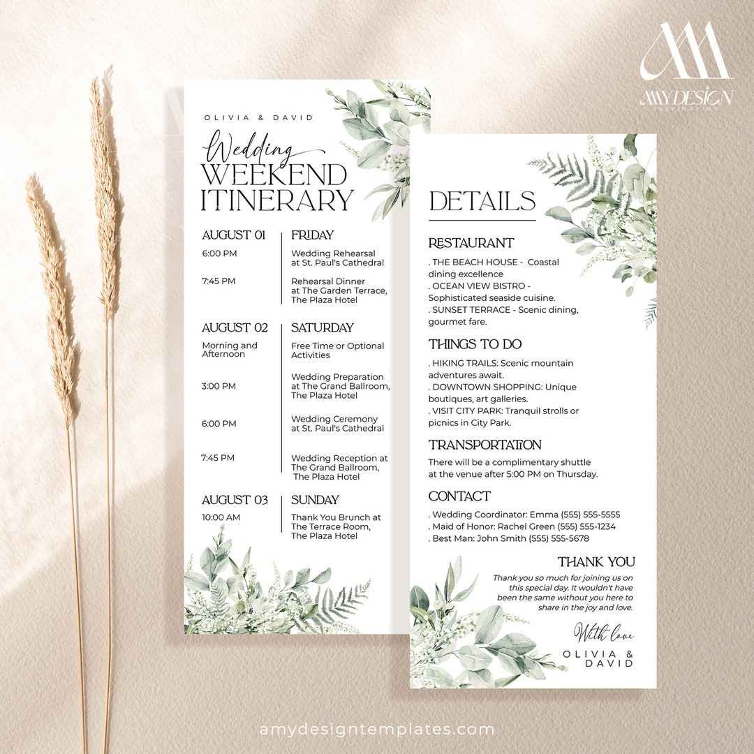 Wedding Itinerary Template Printable, Minimalist Wedding Weekend ...