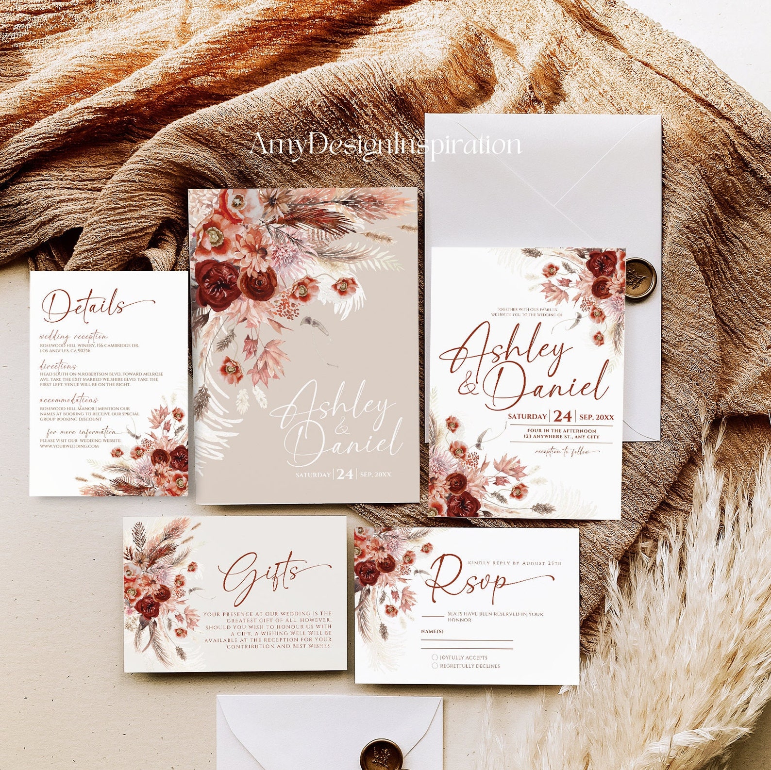 Boho Terracotta Wedding Invitation Template: Pampas Grass Canva ...